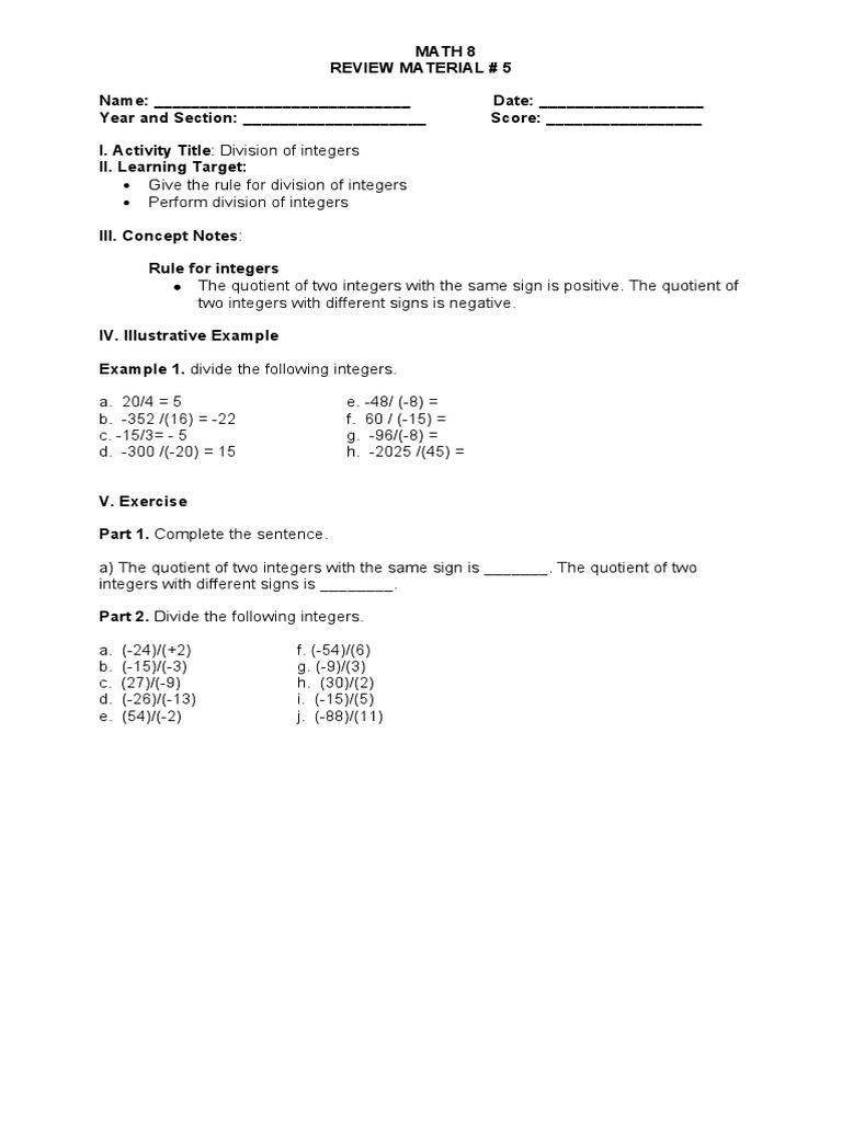 Refresher Material - Grade 8 Mathematics 5 6 | PDF | Integer | Mathematics Refresher Material - Grade 8 Mathematics 5 6 | PDF | Integer | Mathematics