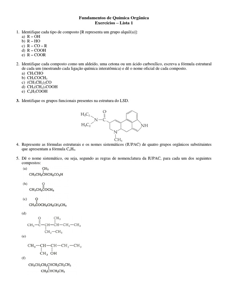 Exercicios Aula 1 Fundamentos de Quimica Organica - 2019 | PDF ...