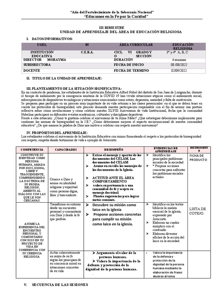 Unidad Iii Bimestre 3° Y4 ° Religion | PDF | Evaluación | Aprendizaje