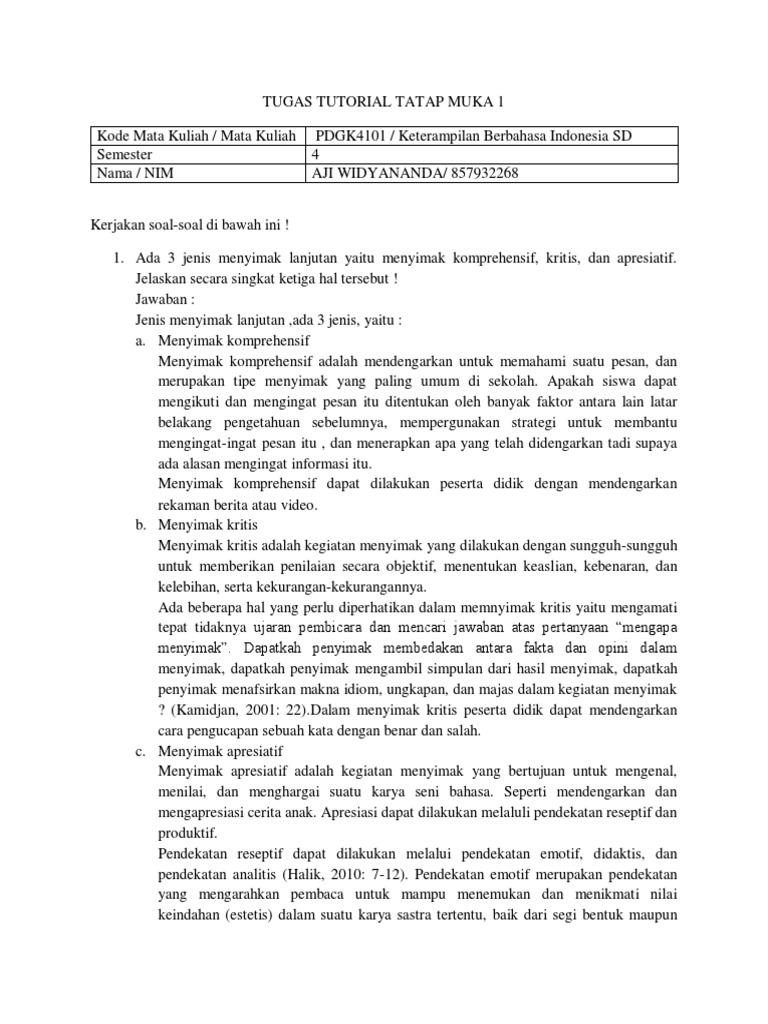 Tugas TT1 Keterampilan Berbahasa Indonesia Aji | PDF | Pengembangan Diri | Sains & Matematika
