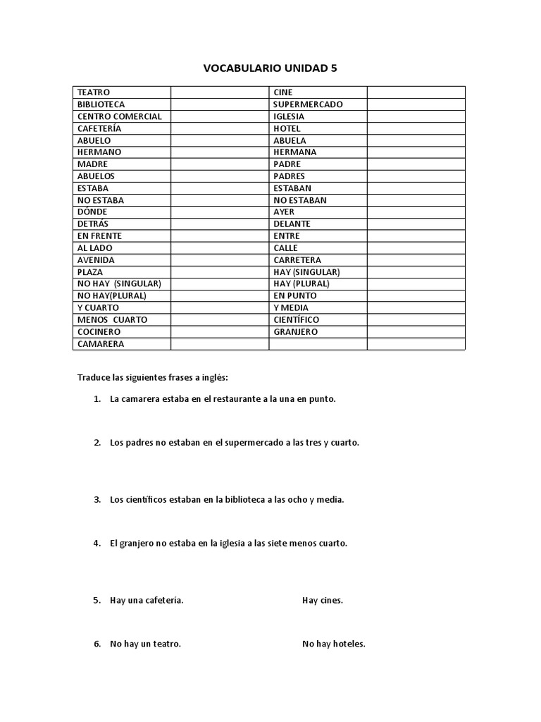 Vocabulario Unidad 5 | PDF