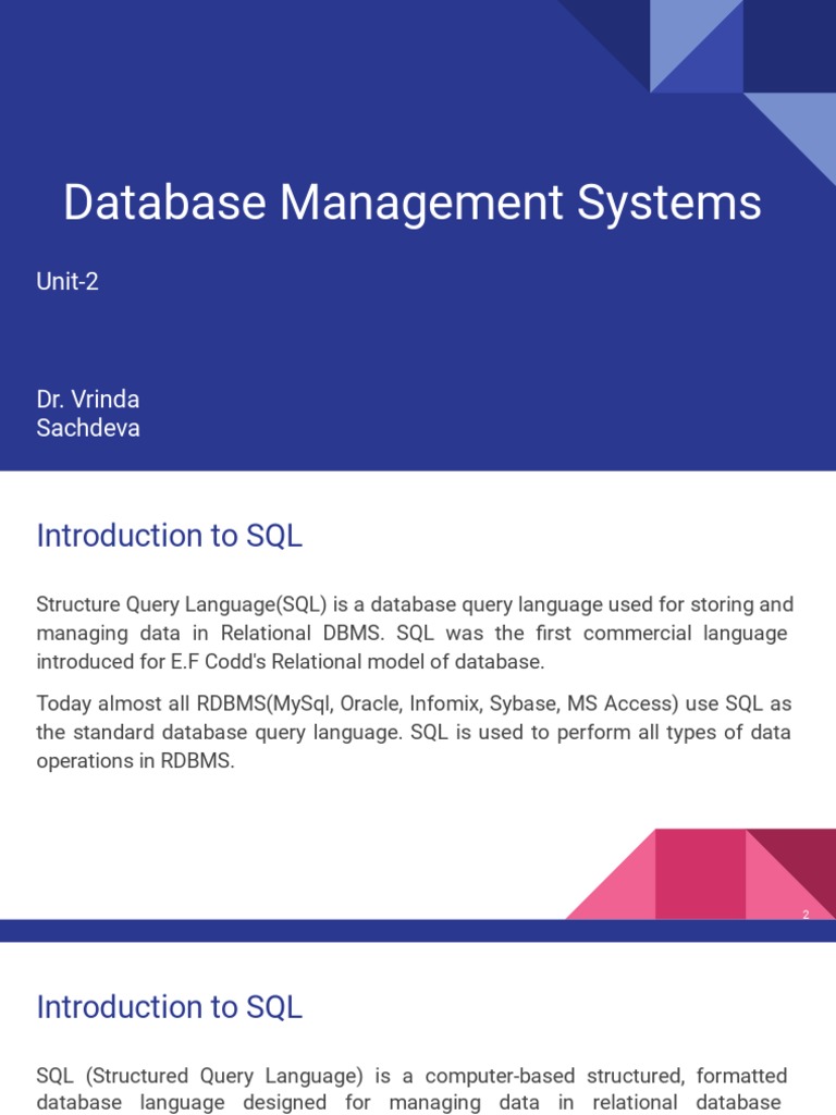 321DBMS Unit 2 PPT (SQL) | PDF | Relational Database | Sql