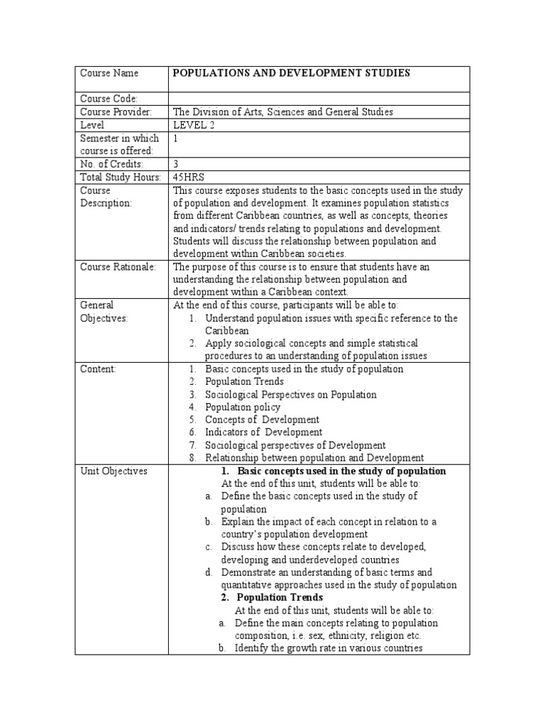 Course Outline Sociology Population and Development | PDF | Cost Of ...