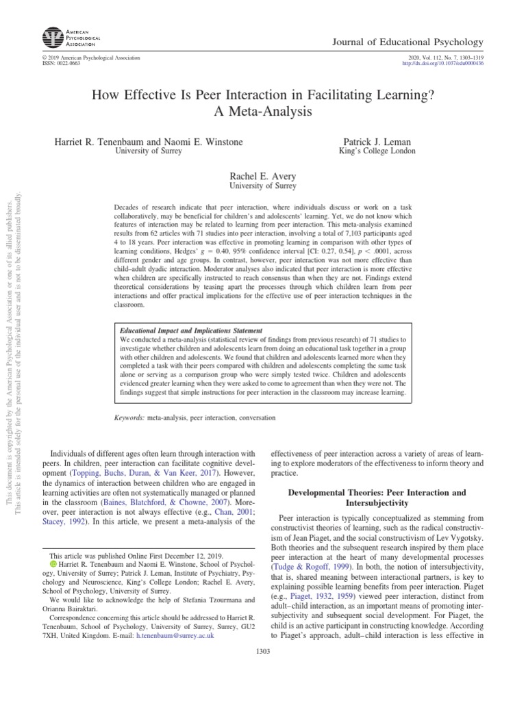 How Effective Is Peer Interaction in Facilitating Learning? A Meta-Analysis | PDF | Learning ...