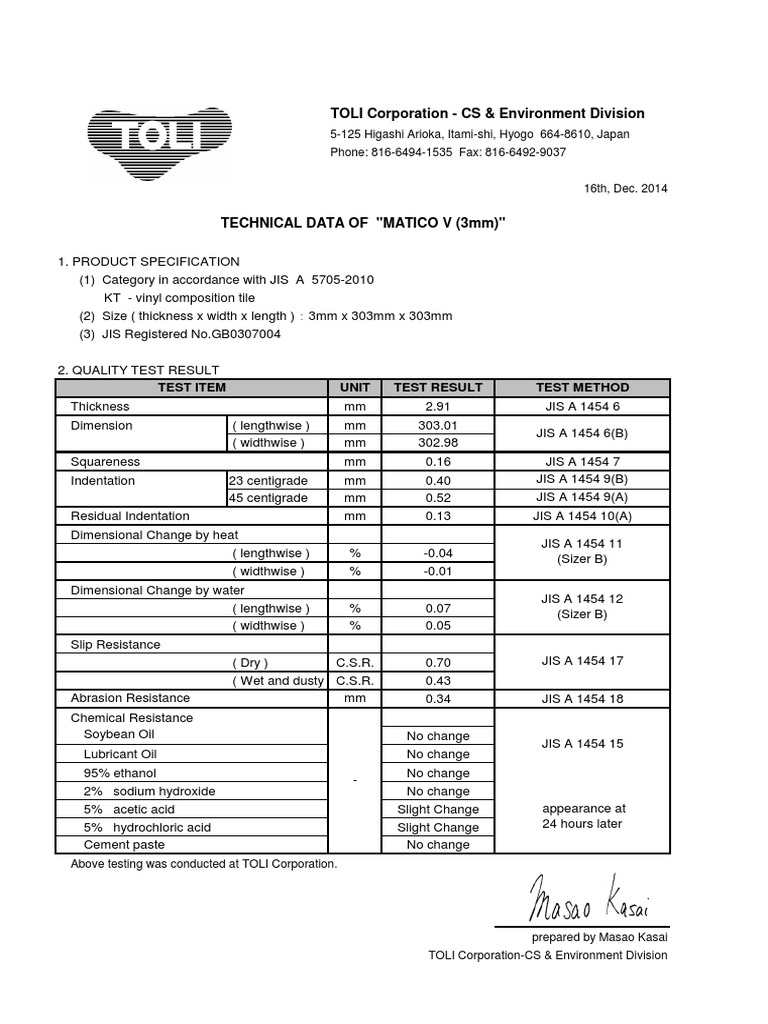 Toli Vinyl Tile Matico V TECHNICAL REPORT MV3mm | PDF | Physical ...