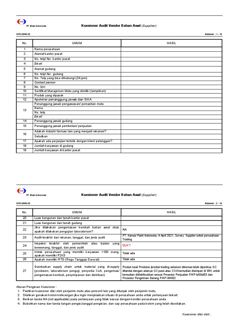 OFO-0999-02 KUISIONER PAPER AUDIT Vendor Bahan Awal (Supplier) 2020 | PDF