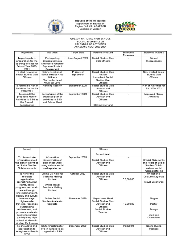 Social Studies Club Plan of Activities | PDF