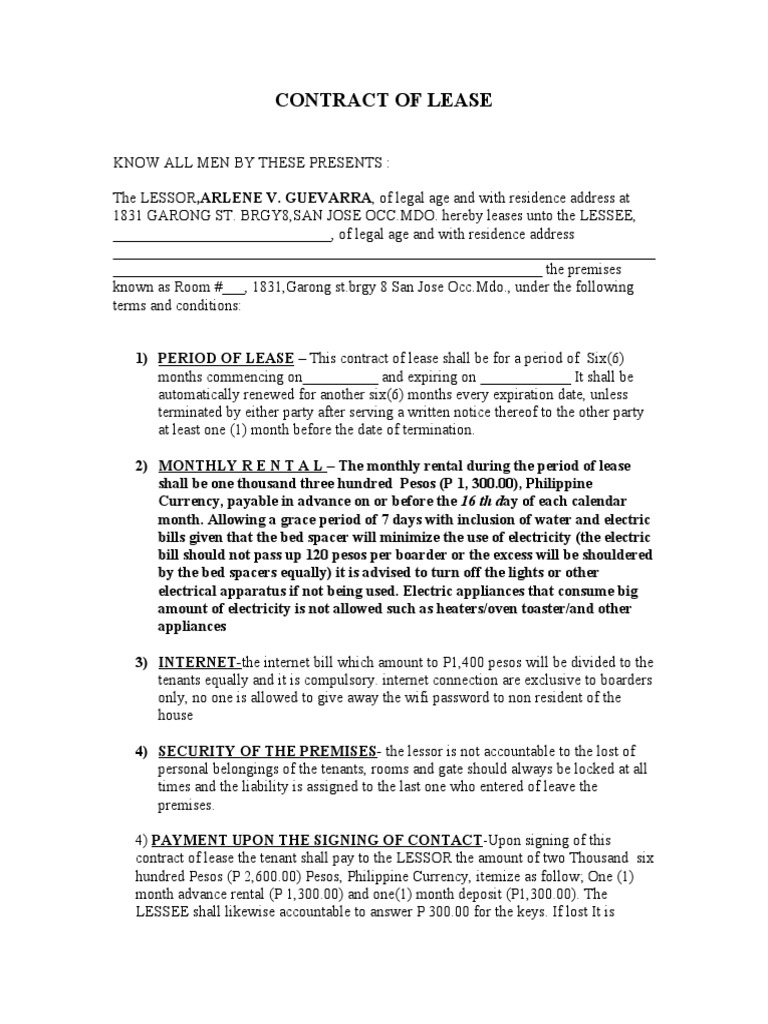 Standard Residential Lease Agreement for Room Rental with Detailed ...