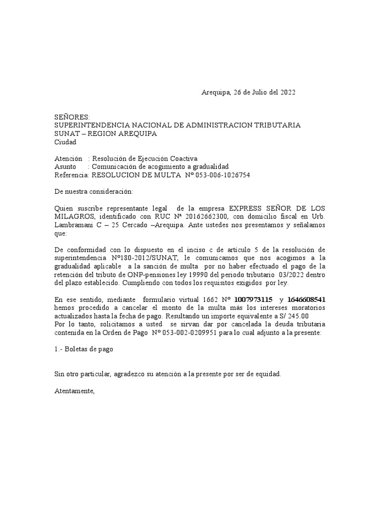 Carta Sunat Resolucion de Multa Onp 2 | PDF
