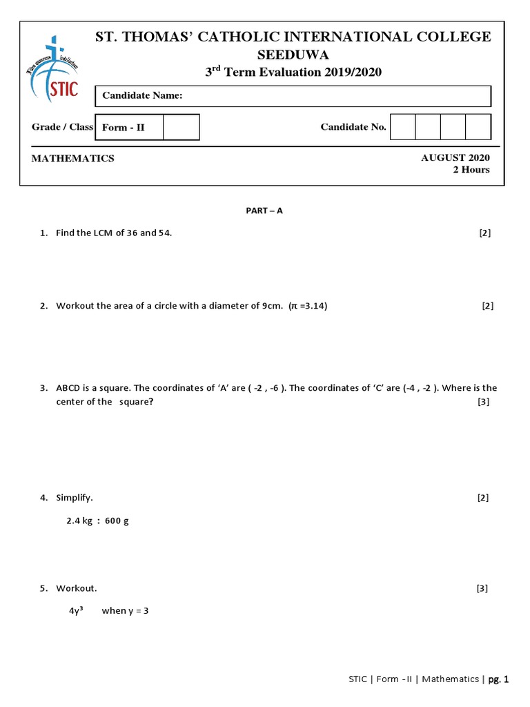 Nimz - Mathematics - F2 - 3rd Term Exam Paper | PDF