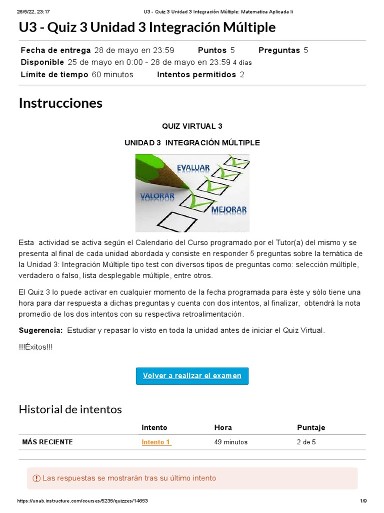 U3 - Quiz 3 Unidad 3 Integración Múltiple - Matematica Aplicada Ii | PDF