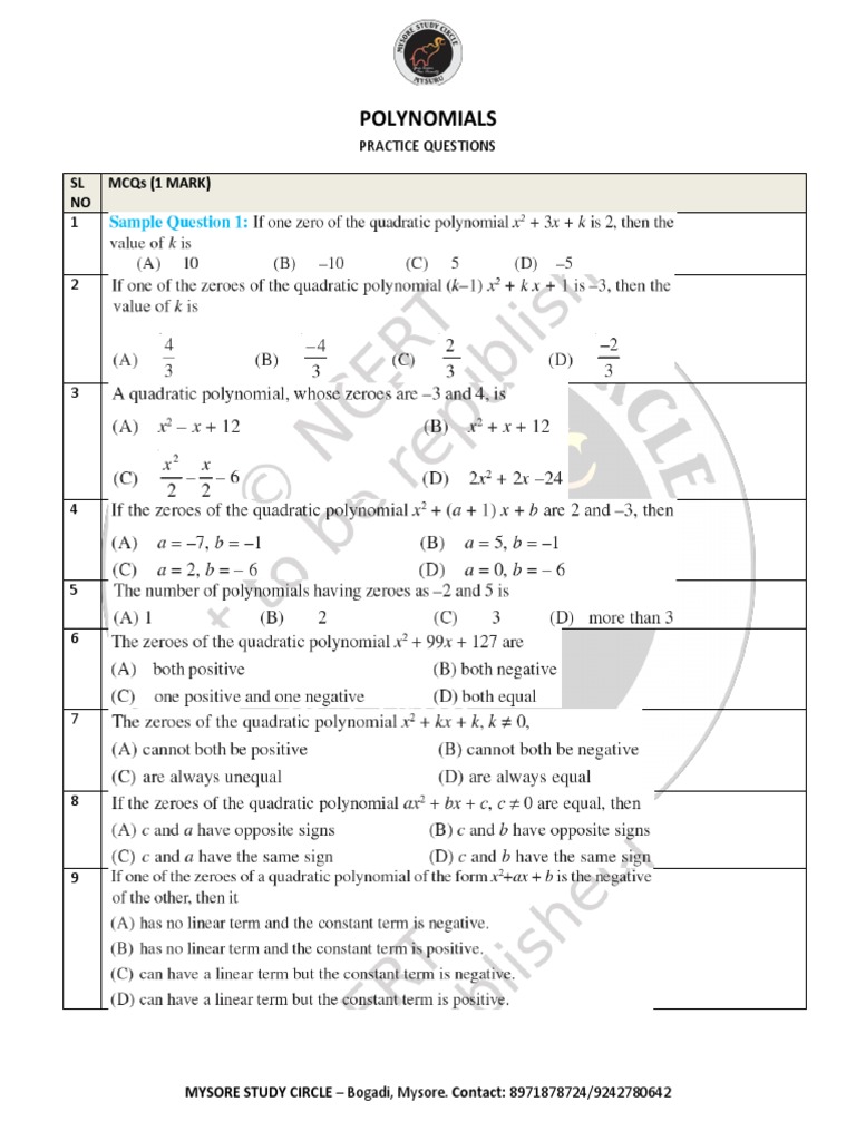 Polynomials Question Bank | PDF | Polynomial | Quadratic Equation