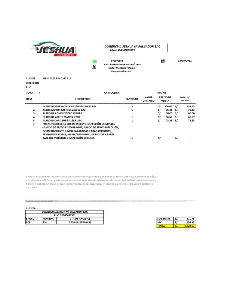 Servicios y Productos de Lubricentro Jeshua | PDF | Transporte | Bienes ...