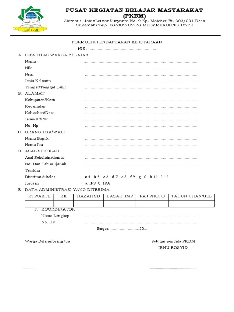 Formulir Pendaftaran PKBM | PDF | Game & Aktivitas
