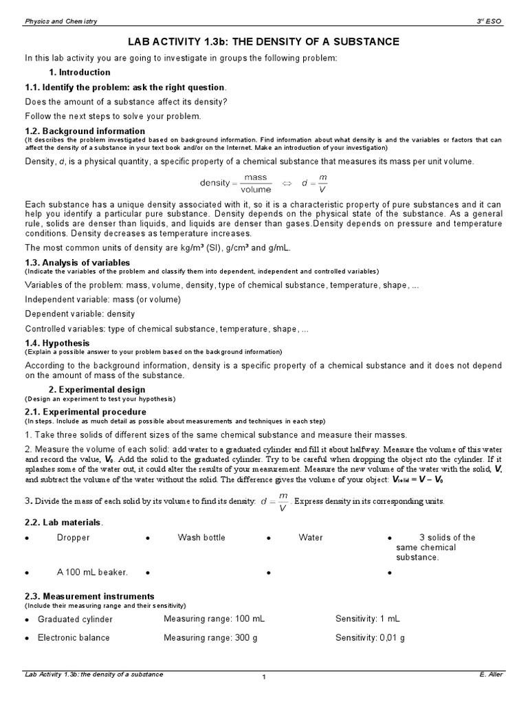 Lab Act. 1.3b-Density Complete | PDF | Density | Quantity