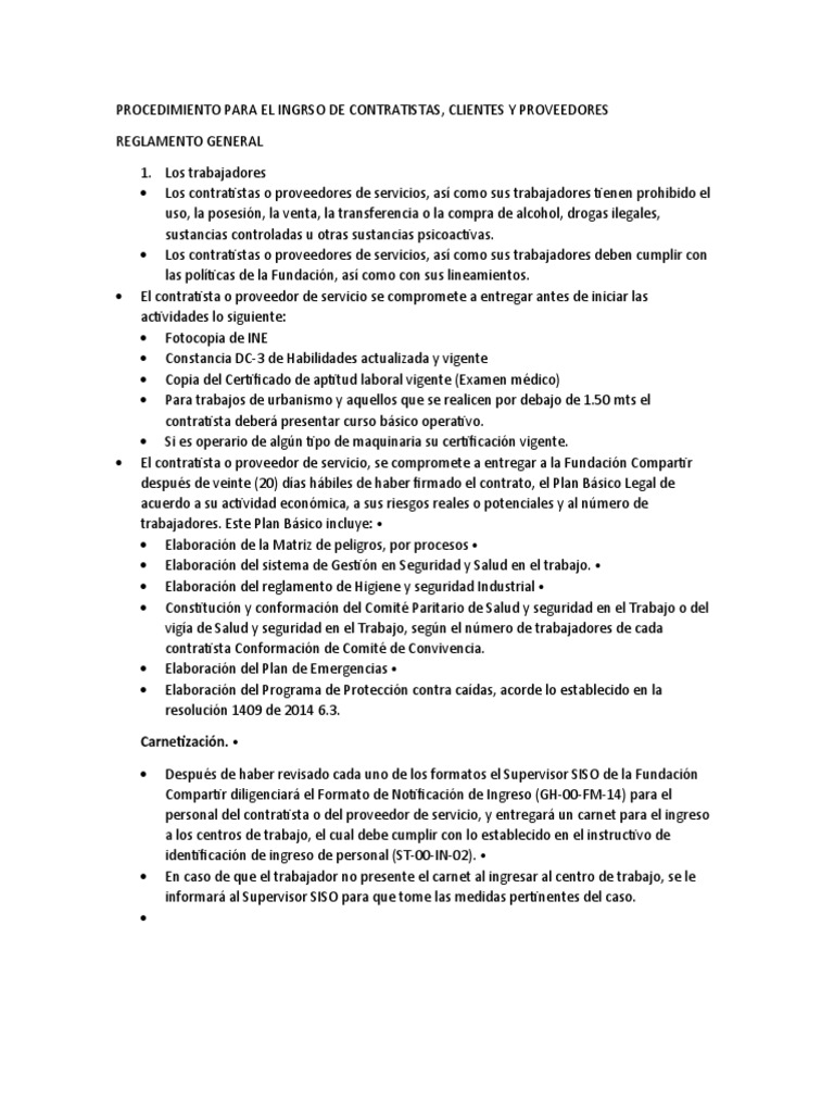 Procedimiento para El Ingrso de Contratistas | PDF Procedimiento para El Ingrso de Contratistas | PDF