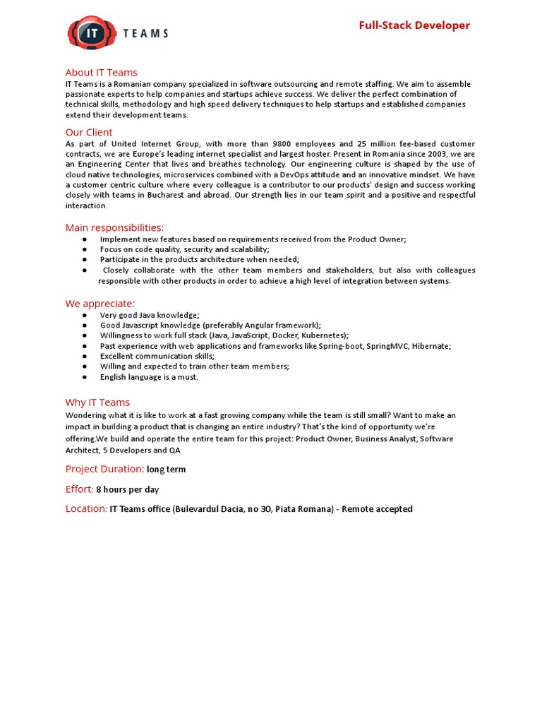 ITT JD - Full-Stack Developer With Spring Boot and Angular | PDF