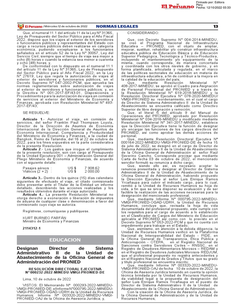 Designan Director de Sistema Administrativo II de La Unidad Resolucion Directoral No 000232 2022 ...
