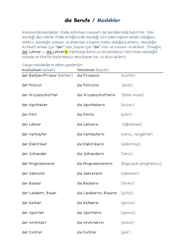 Die Berufe Meslekler | PDF