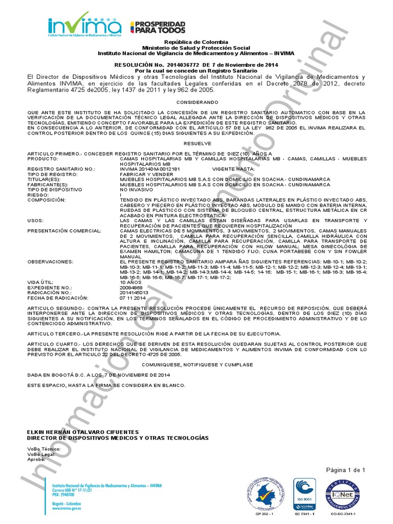 Registro Invima Camas y Camillas MB | PDF