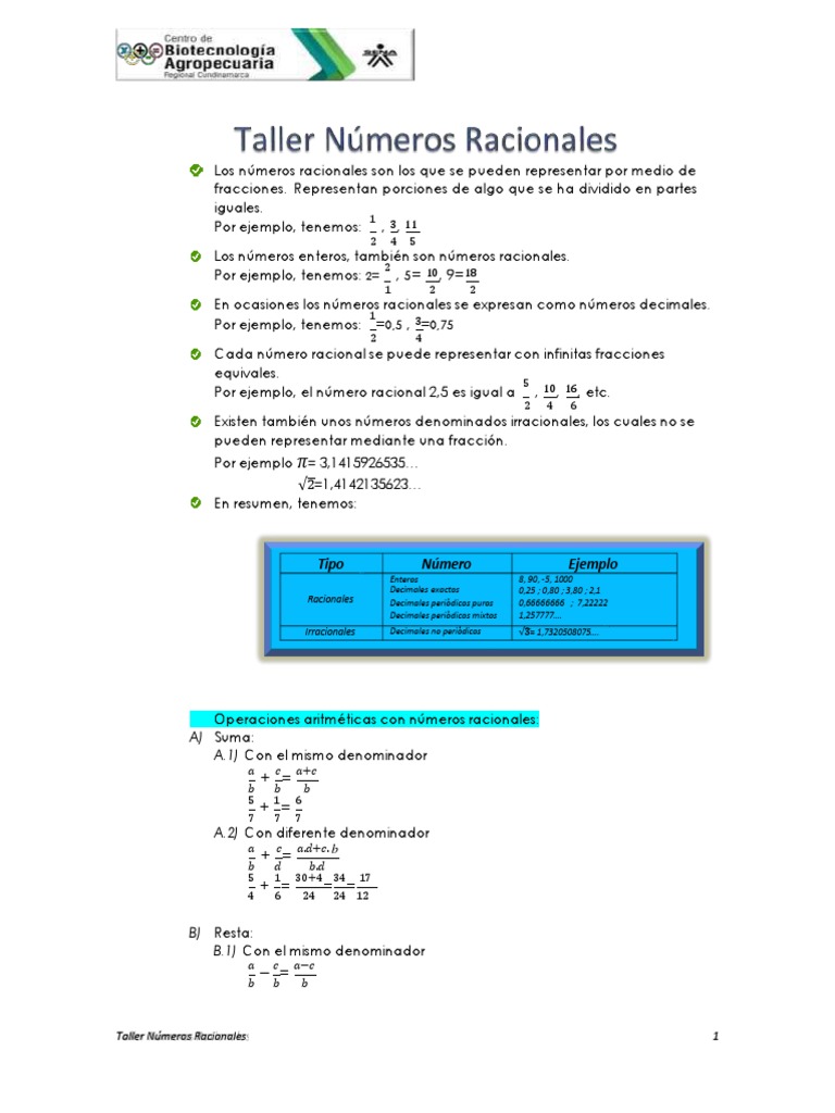 Taller sobre Números Racionales y Operaciones | PDF | Número racional ...