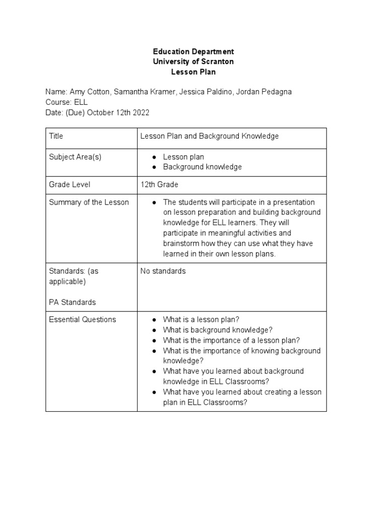 Ell Lesson Plan | PDF | Lesson Plan | Pedagogy