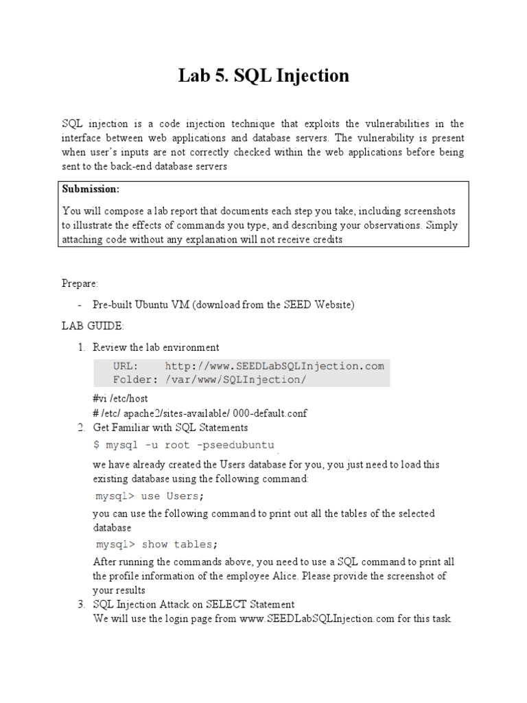 Lab 5. SQL Injection | PDF | World Wide Web | Internet & Web