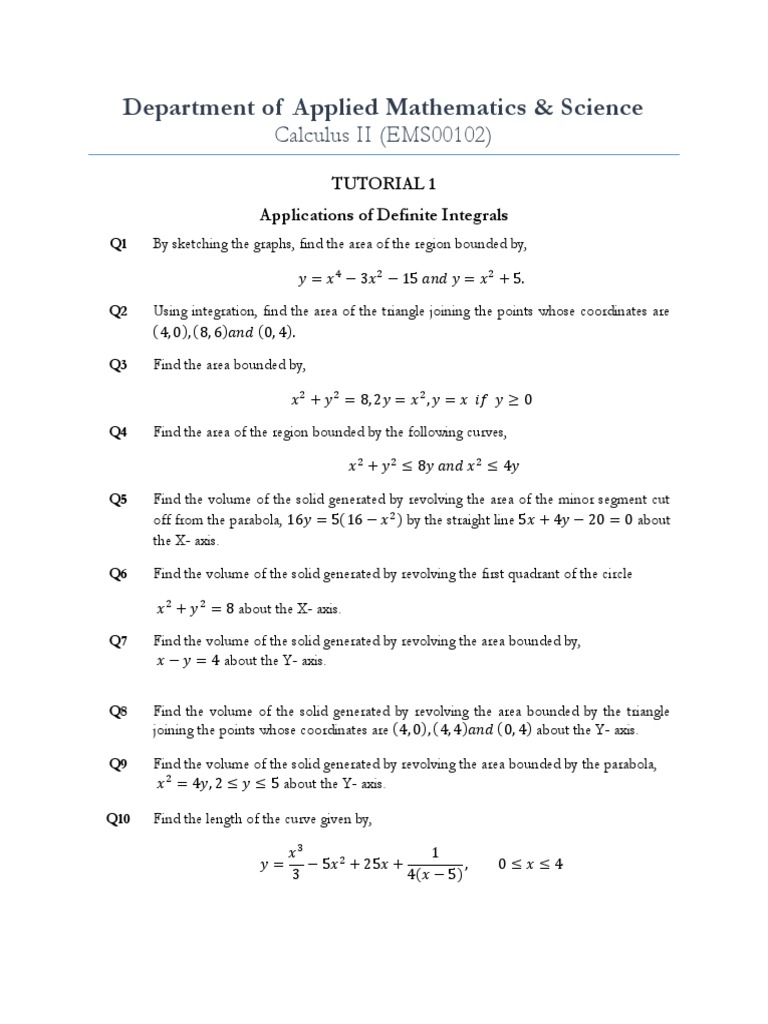 Tutorial 1 - Applications of Definite Integrals | PDF | Area ...