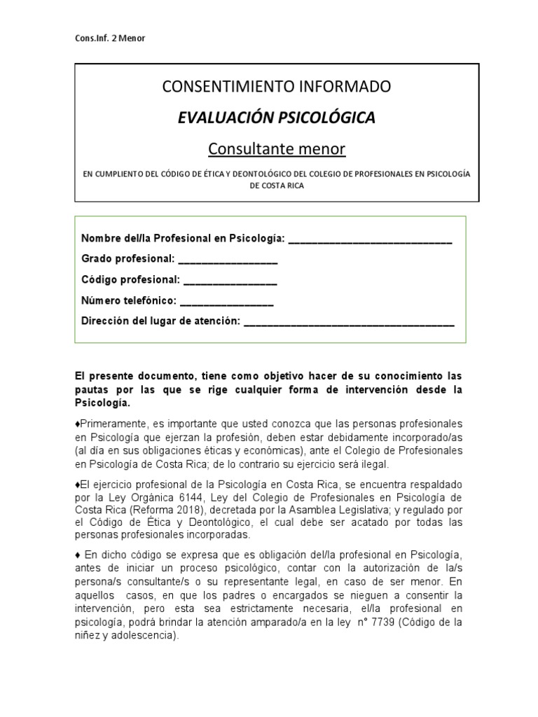 Evaluación Psicológica Menor Consentimiento Informado | PDF | Derecho ...