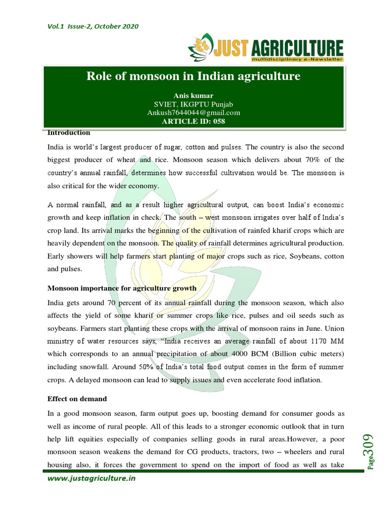 Role of Monsoon in Indian Agriculture | PDF | Monsoon | Agriculture