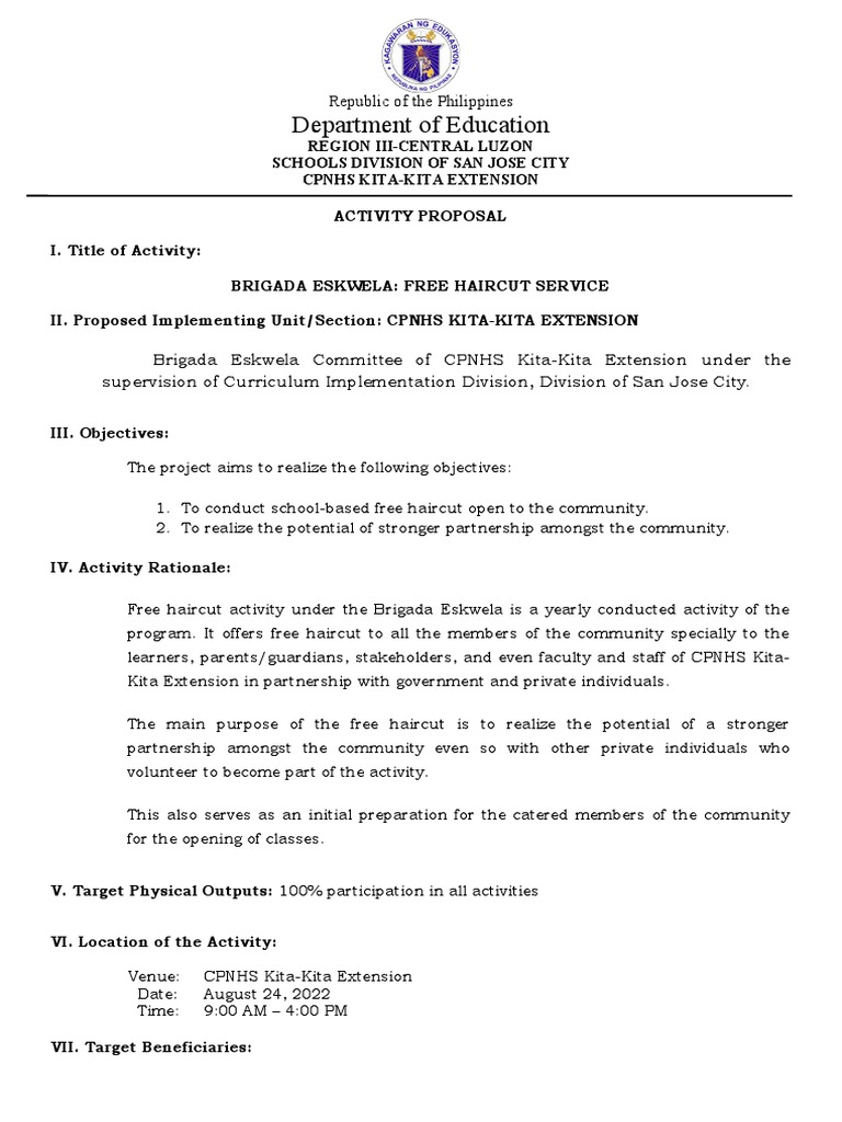 Free Haircut Service Activity Proposal | PDF