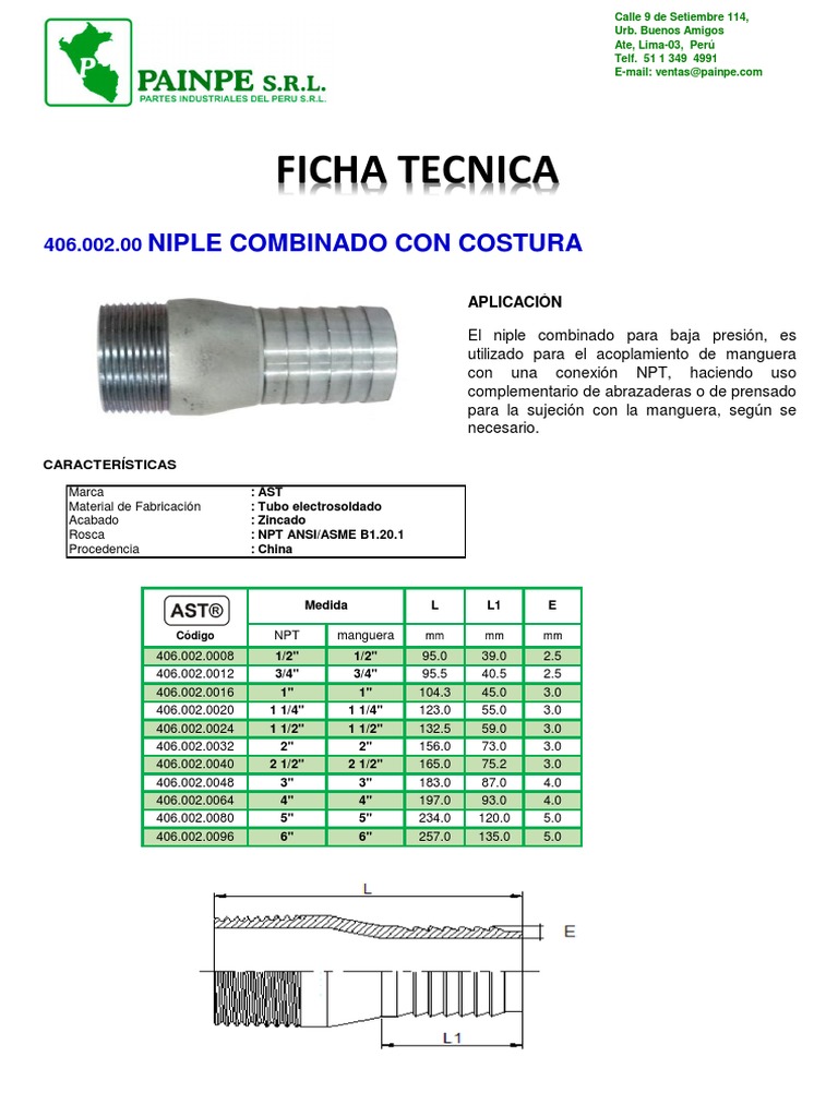 01 Ficha Tec 406.002.00 Niple Combinado Con Costura | PDF | Plomería