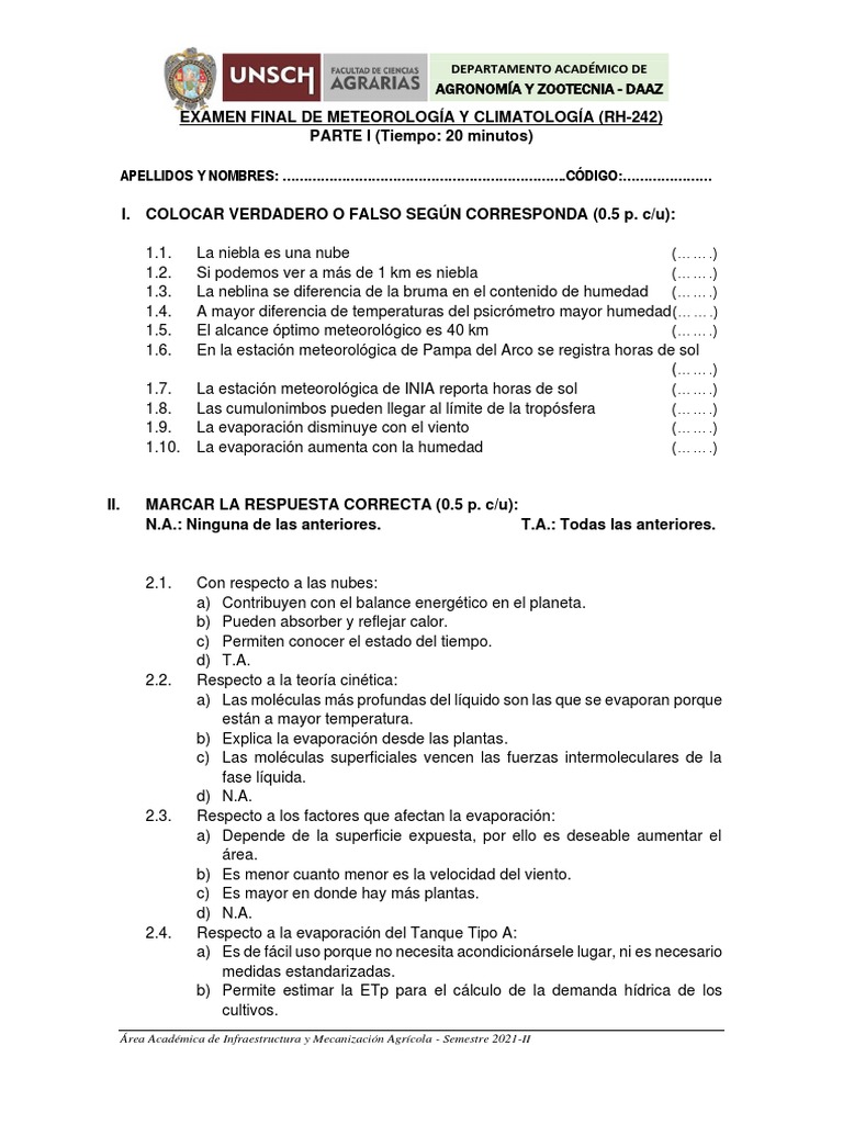 EXAMEN FINAL RH 242 - Parte I | PDF | Evaporación | Herida