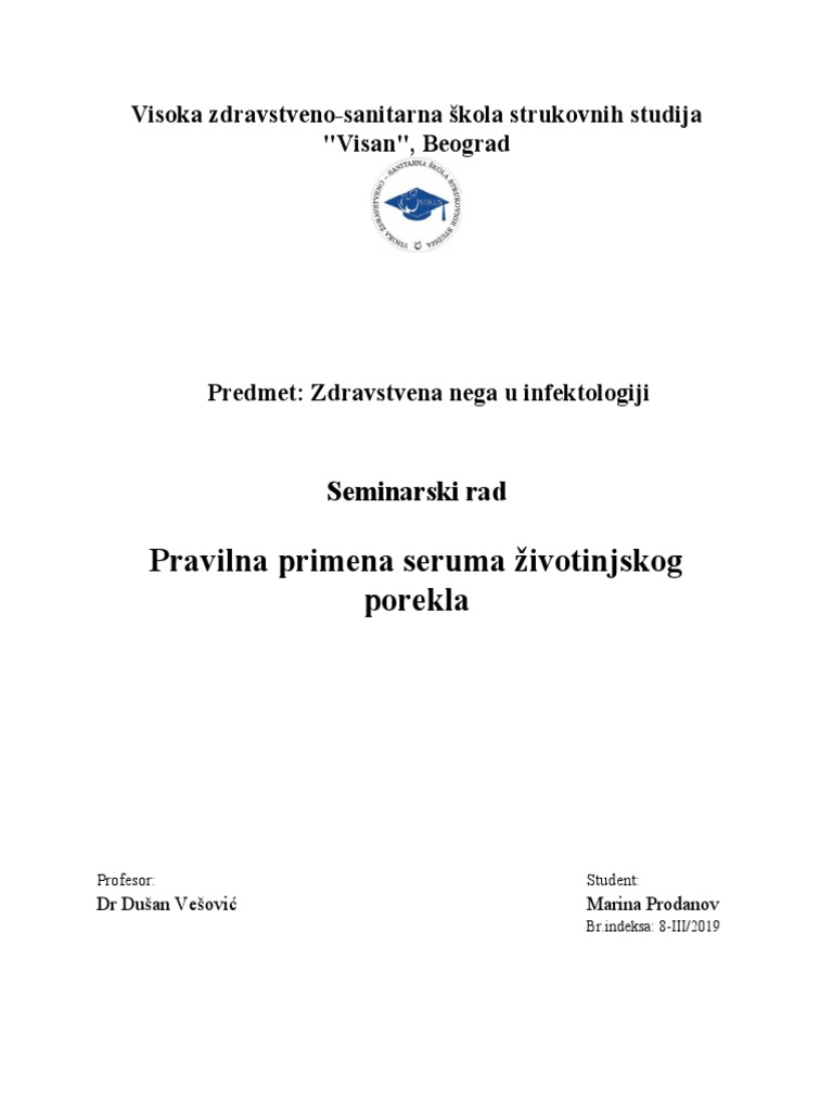 Vesovic - Primer Seminarskog Rada - Pravilna Primena Seruma ...