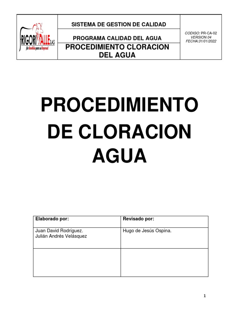 Procedimiento de Cloración del Agua | PDF | Agua | Agua potable