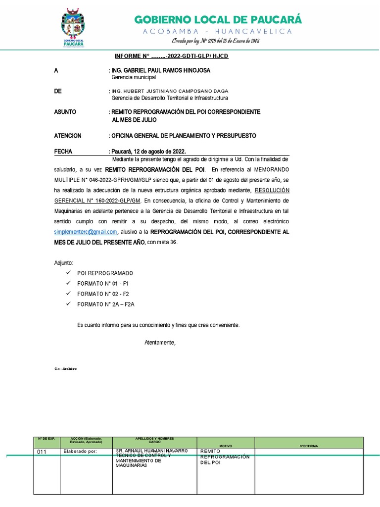 Informe 211 - Exp 11 Reprogramación Del Poi - Docx Logistica Mes Setiembre | PDF | Finanzas y dinero