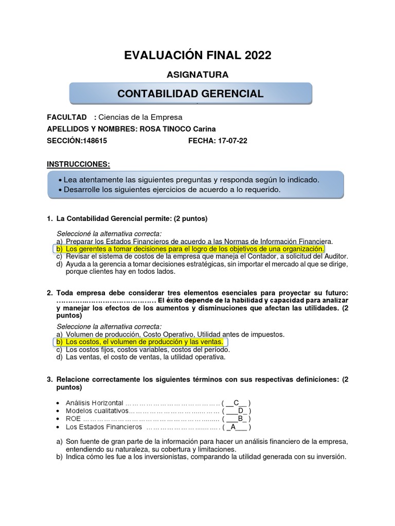 Evaluac Final - CONTABILIDAD GERENCIAL | PDF | Business | Contabilidad