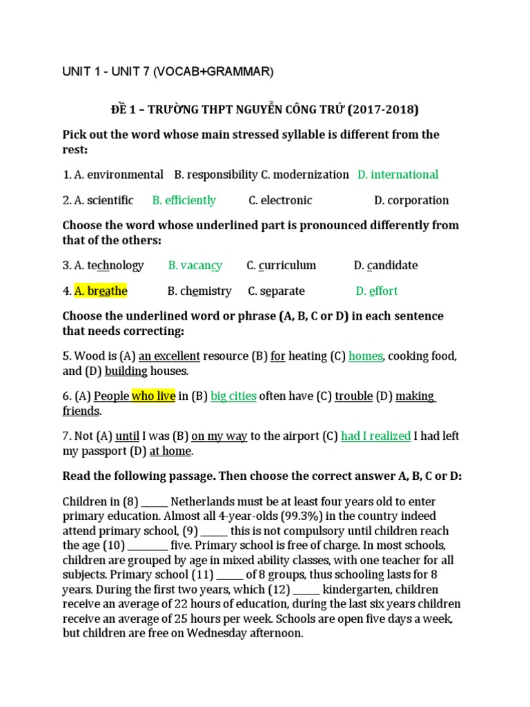 Vocabulary and Grammar Practice Test | PDF | Learning