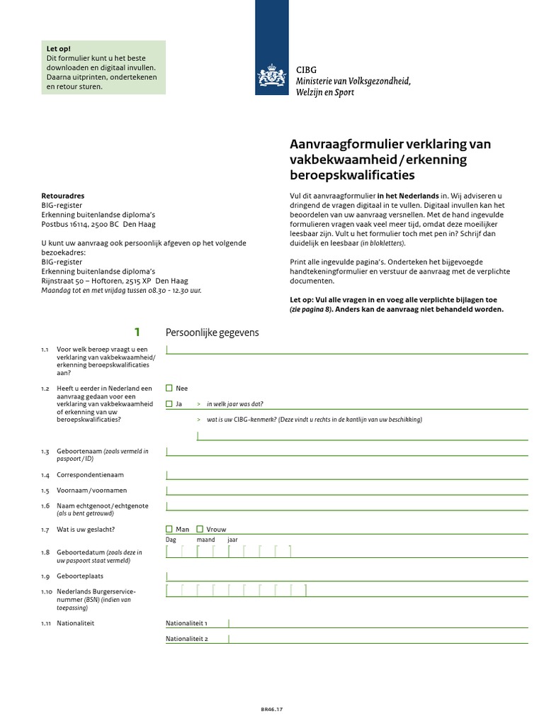 Aanvraagformulier Verklaring Van Vakbekwaamheid / Erkenning Beroepskwalificaties | PDF