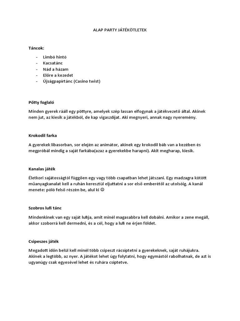 Alap Party Játékötletek | PDF