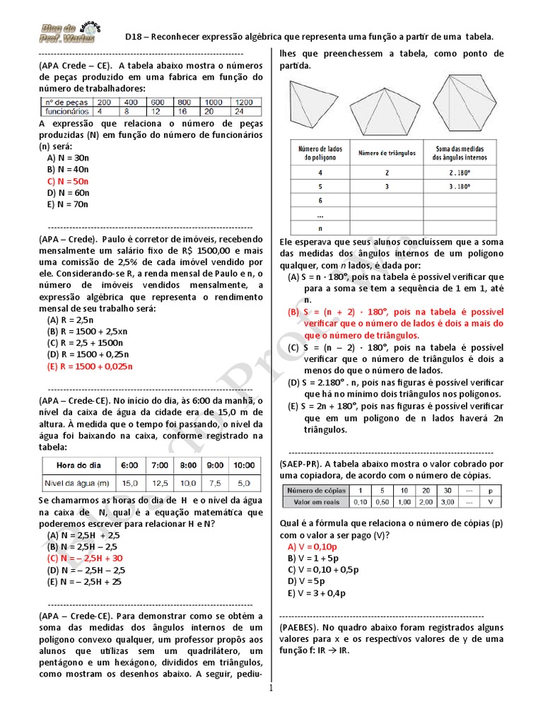 D18 (3 Série - EM - Mat.) - Blog Do Prof. Warles | PDF | Equações ...
