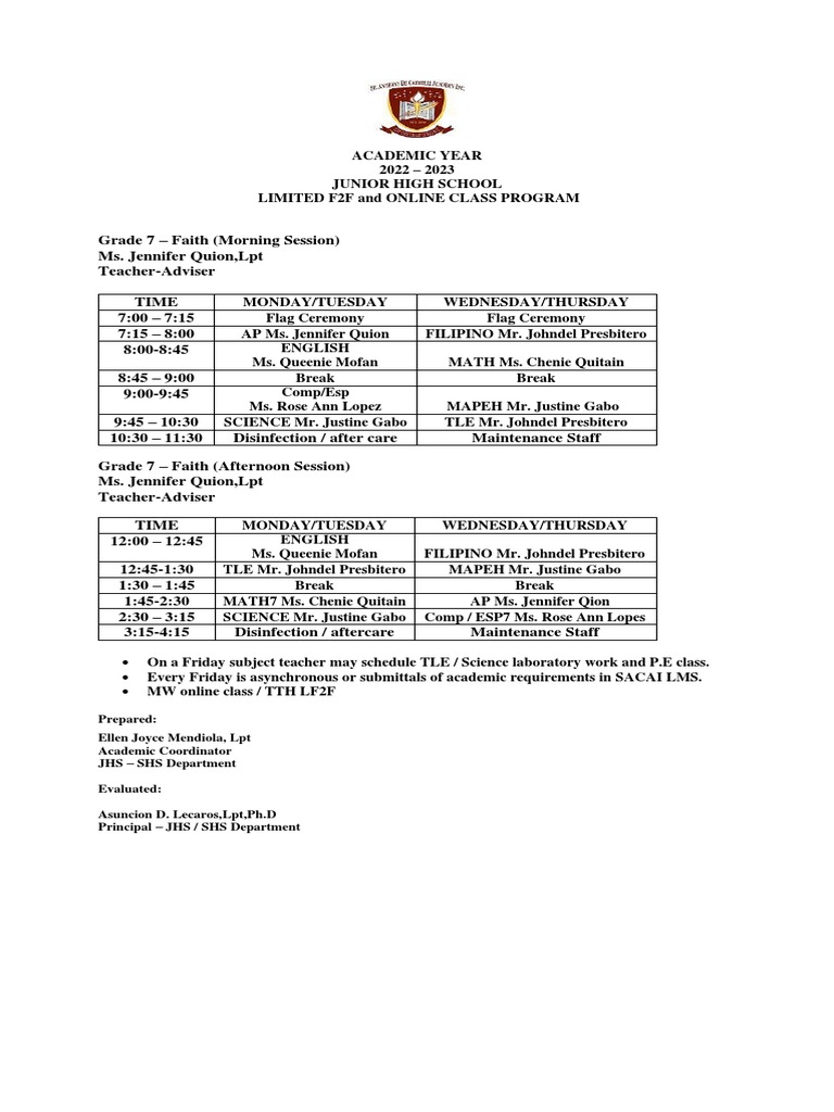 JHS 2022-23 Class Schedule | PDF | Academic Term | Middle Schools