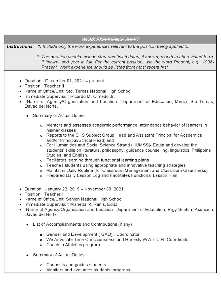 Work Experience Sheet | Download Free PDF | Teachers | Pharmacy