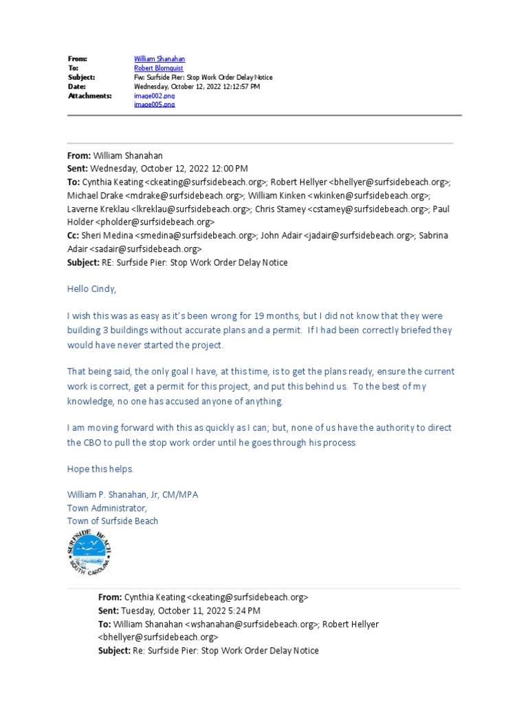 Oct 12 1200PM Surfside Pier - Stop Work Order Delay Notice | PDF