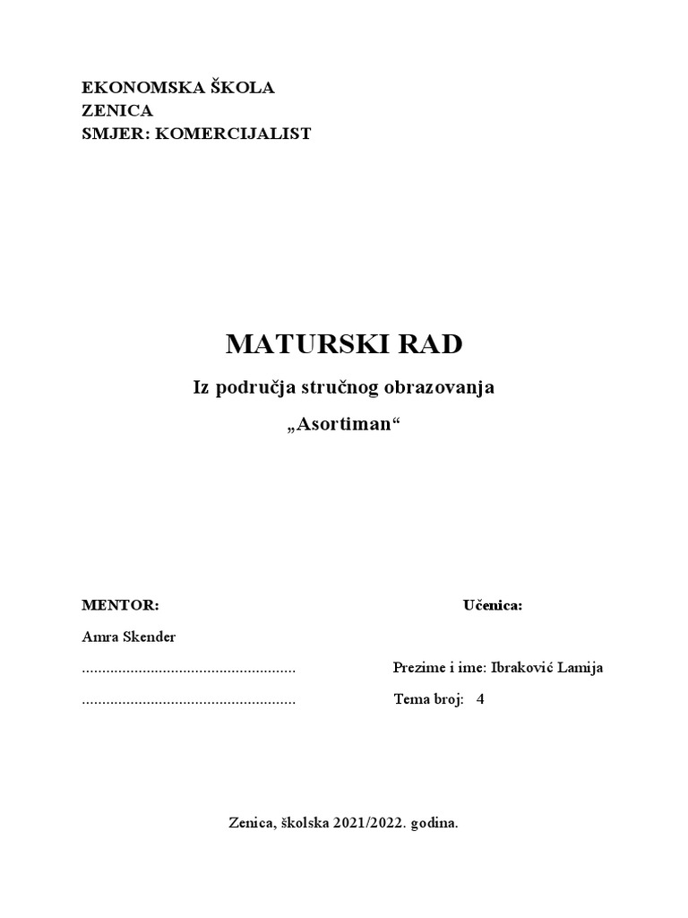 Maturski Rad - Ekonomska Škola Zenica | PDF
