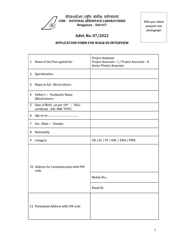 Csir Nal Project Assistant Application | PDF