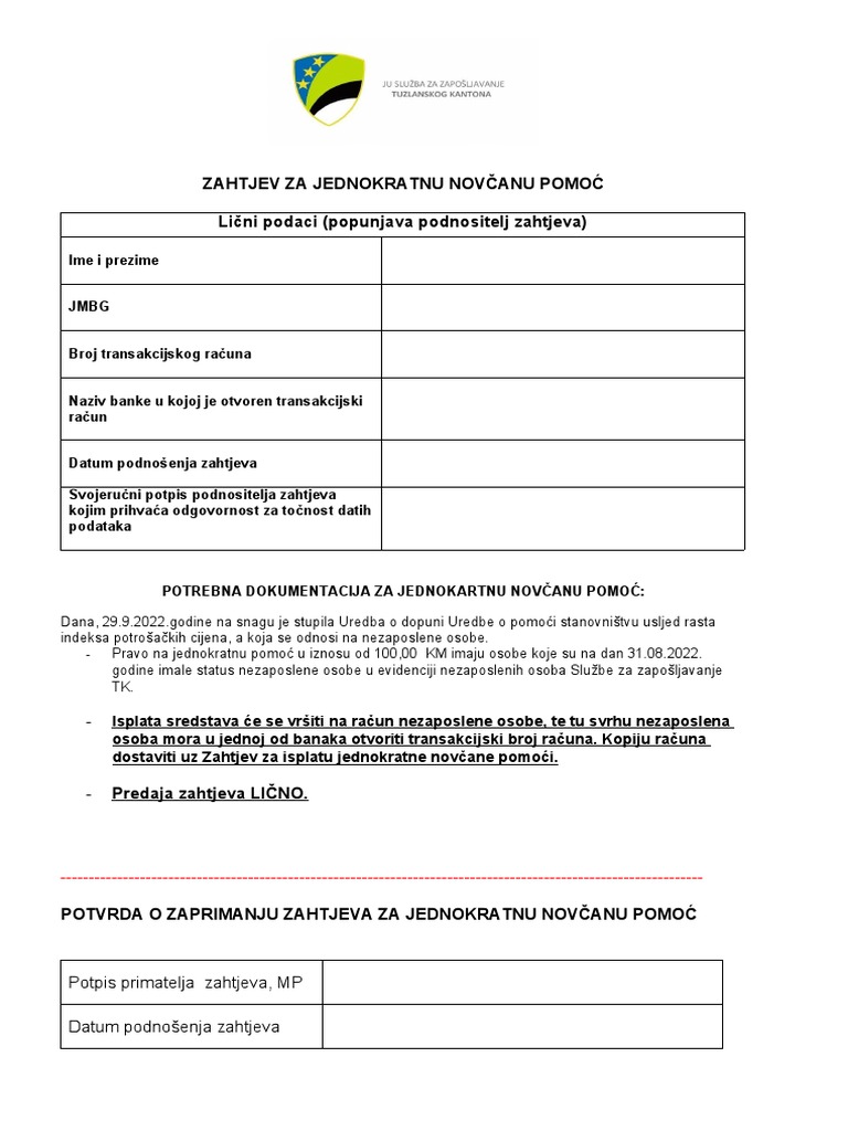 Zahtjev Za Jednokratnu Novcanu Pomoc | PDF