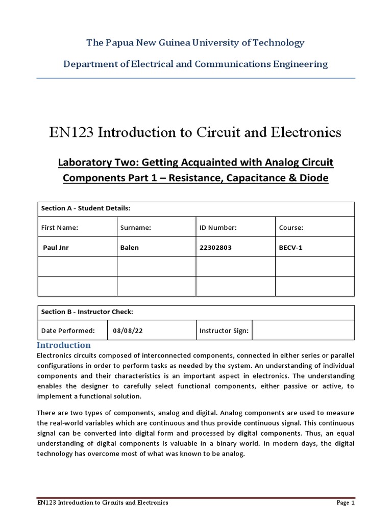 EN123 Lab 2 Getting Acquainted With Analog Circuit Components Part 1 - Resistance, Capacitance ...