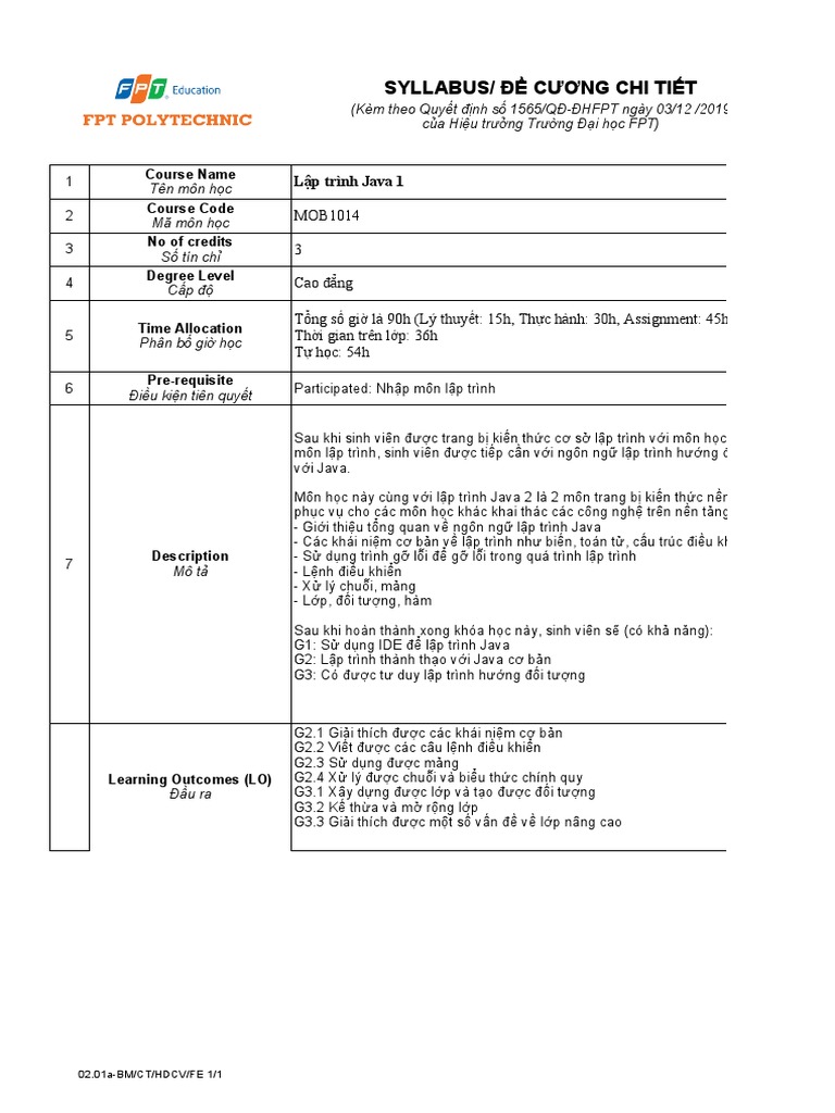 MOB1014 - Lap Trinh Java 1 - Syllabus - SP20 | PDF