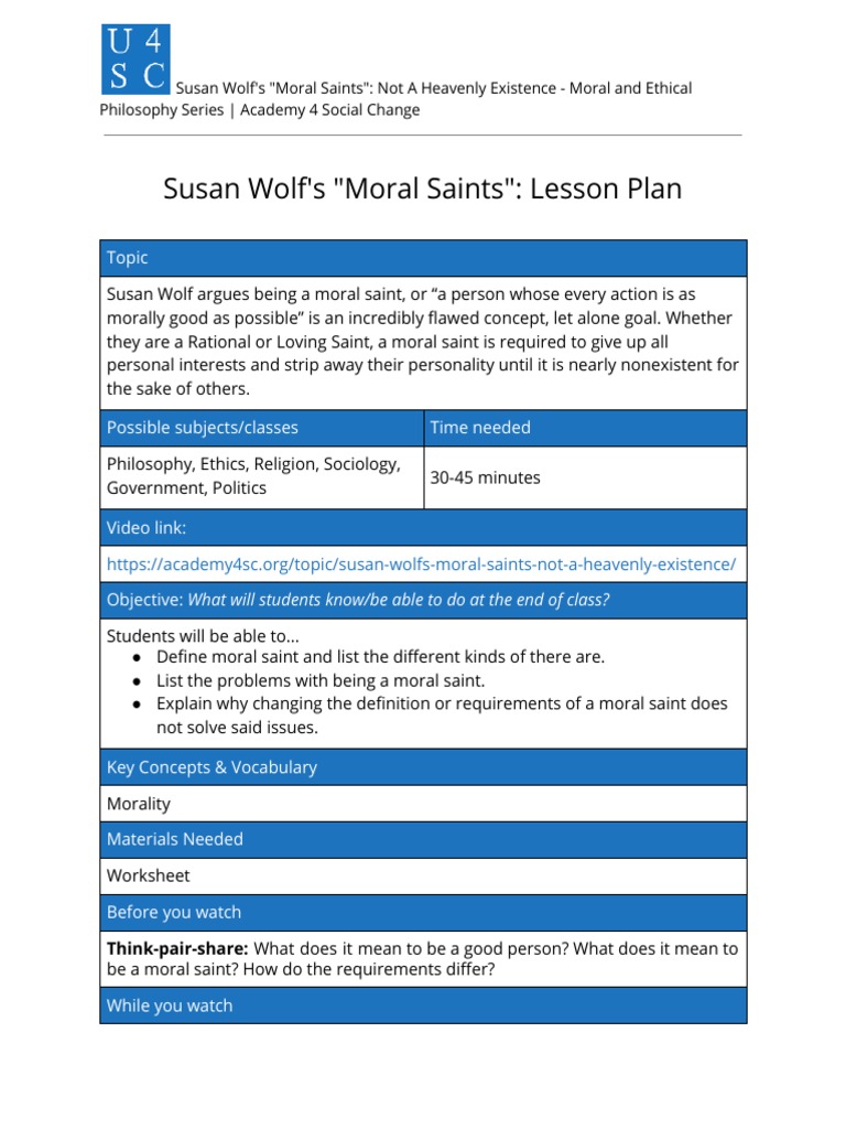Susan Wolfs - Moral Saints - Lesson | PDF